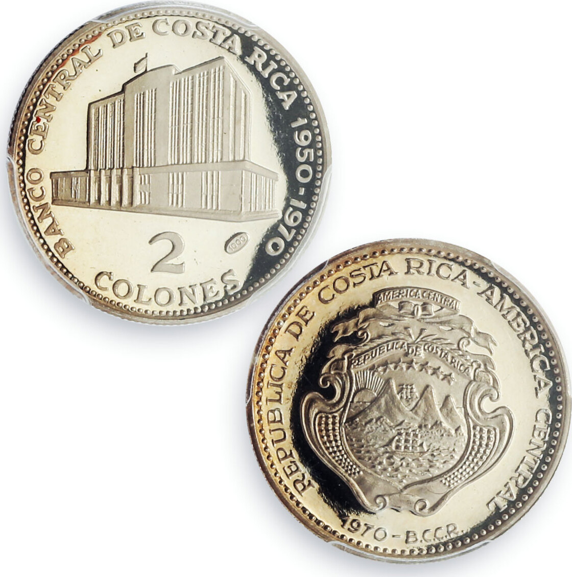 Costa Rica 2 colones Central Bank 20th Anniversary PR67 PCGS silver ...