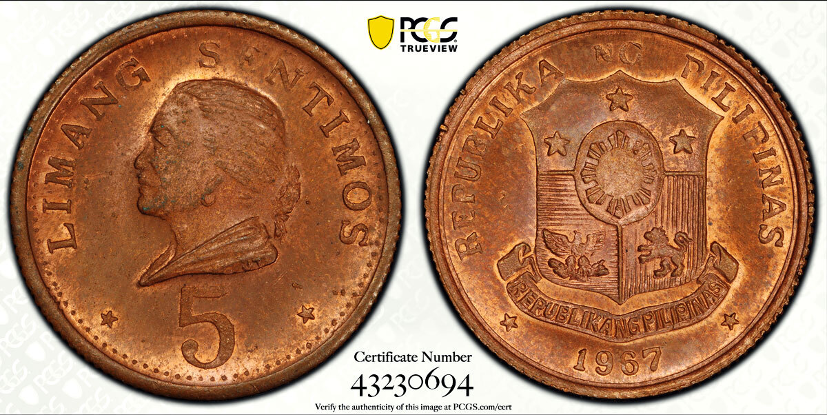 Philippines 5 sentimos Aquino PATTERN TRIAL KM-Pn33 SP64 PCGS copper ...