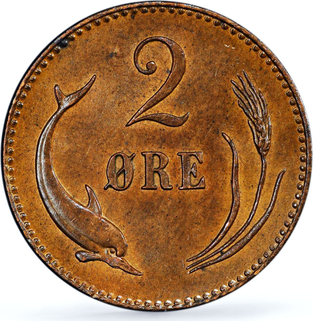 Denmark 2 ore King Christian IX Dolphin KM-793 MS63 PCGS bronze coin ...