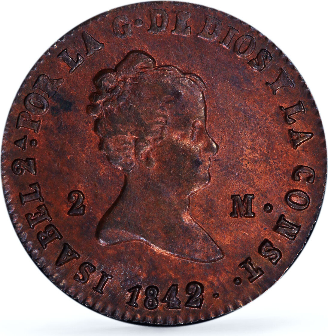 Spain 2 maravedis Queen Isabel Isabella II Segovia MS62 PCGS copper ...