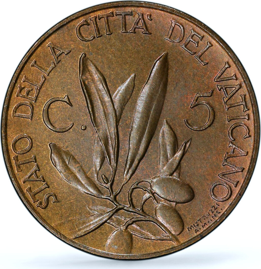 Italy Vatican 5 centesimi Pope Pius XI Olive Branch MS66 PCGS bronze ...