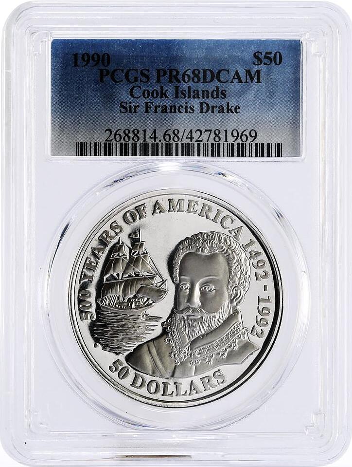 Cook Islands 50 dollars Sir Francis Drake Ship PR68 PCGS silver coin ...