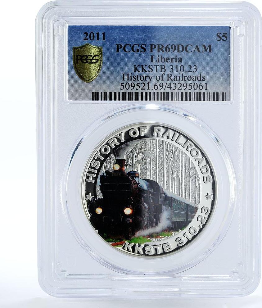 Liberia 5 dollars KKSTB 310 Train Railroad PR69 PCGS silver coin 2011 ...