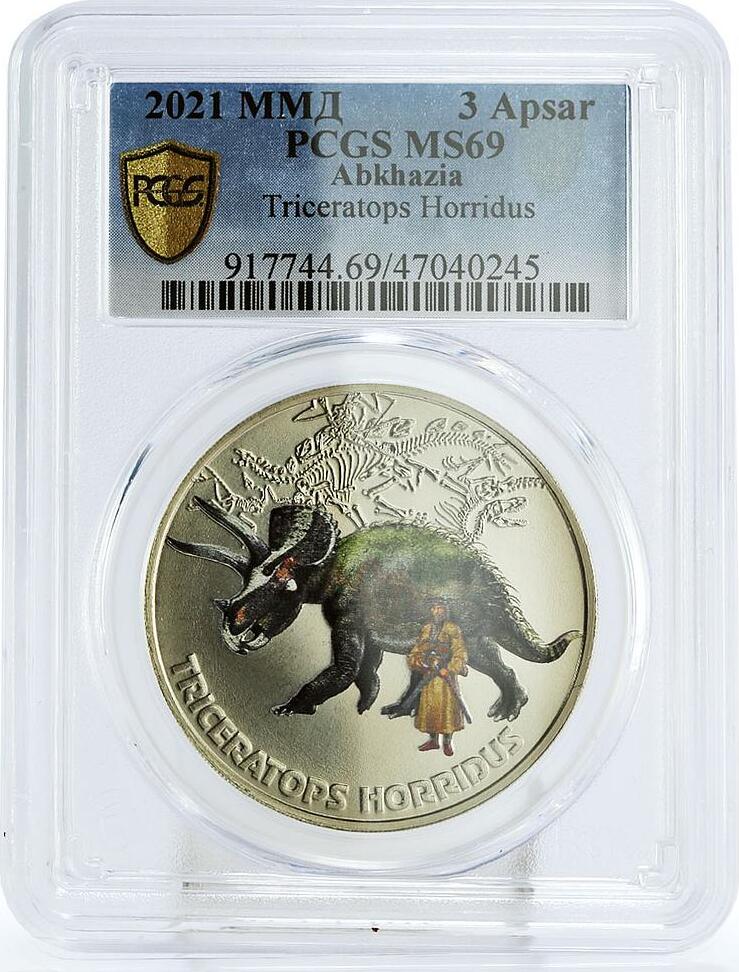 Abkhazia 3 apsars Prehistoric Fauna Triceratops Dinosaur MS69 PCGS Ni ...