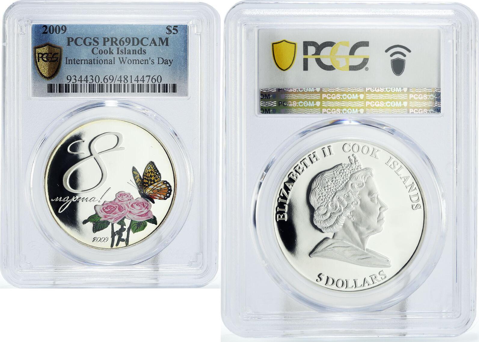 Cook Islands 5 dollars Women Day Roses Butterfly PR69 PCGS silver coin ...