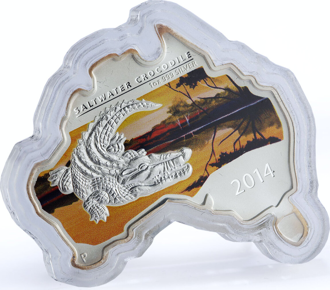 Australia 1 dollar Australian Map Crocodile Fauna colored silver coin ...