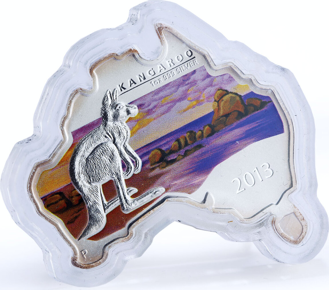 Australia 1 dollar Australian Map Kangaroo Animal Fauna colored silver ...