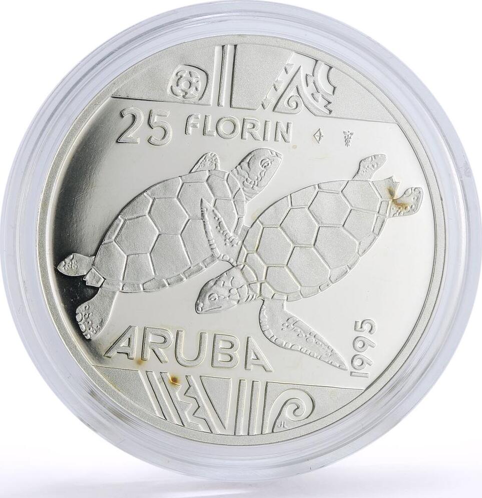 Aruba 25 florin Conservation Wildlife Sea Turtles Fauna proof silver ...