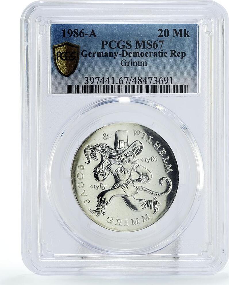Germany DDR 20 mark Brothers Grimm Kicked Cat Literature MS67 PCGS Ag ...