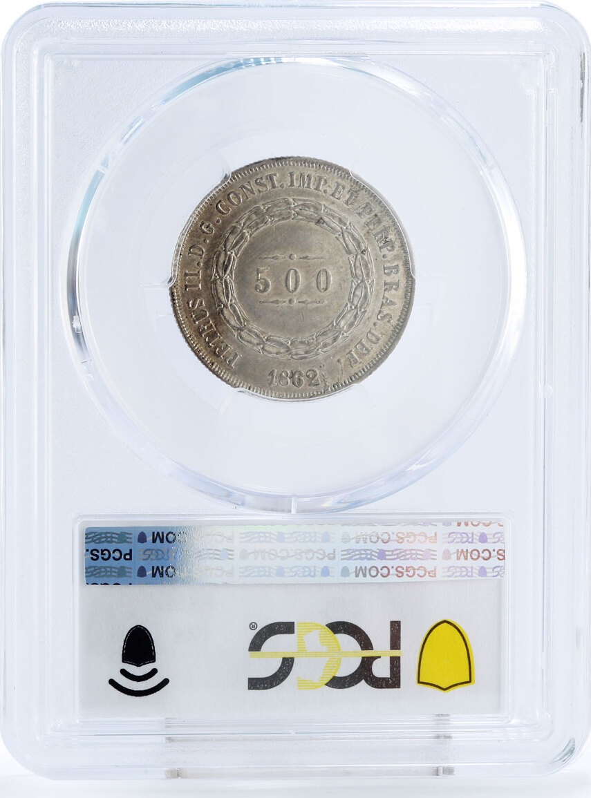 Brazil 500 reis King Pedro II Coinage Coat of Arms AU55 PCGS silver coin 1862 UNC | MA-Shops