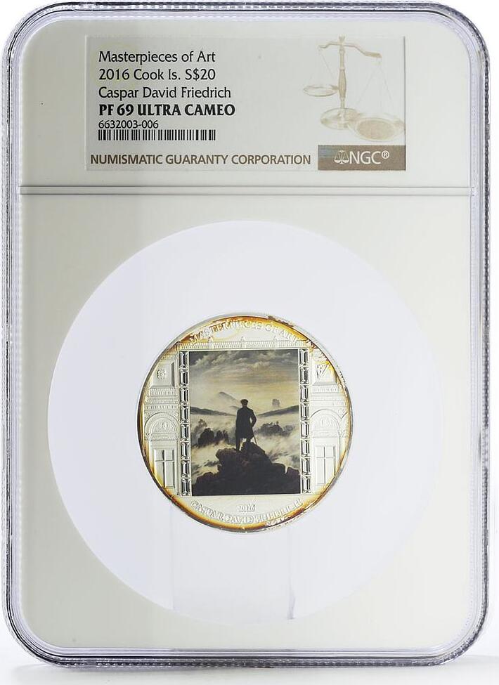 Cook Islands 20 dollars Caspar Art Wanderer Above Sea Fog PF69 NGC Ag ...