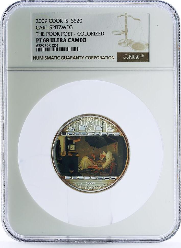 Cook Islands 20 dollars Carl Spitzweg Art Poor Poet PF68 NGC silver ...