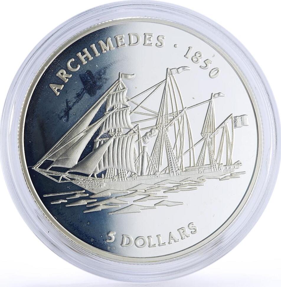 Cook Islands 5 dollars Seafaring Archimedes Ship Clipper proof silver ...