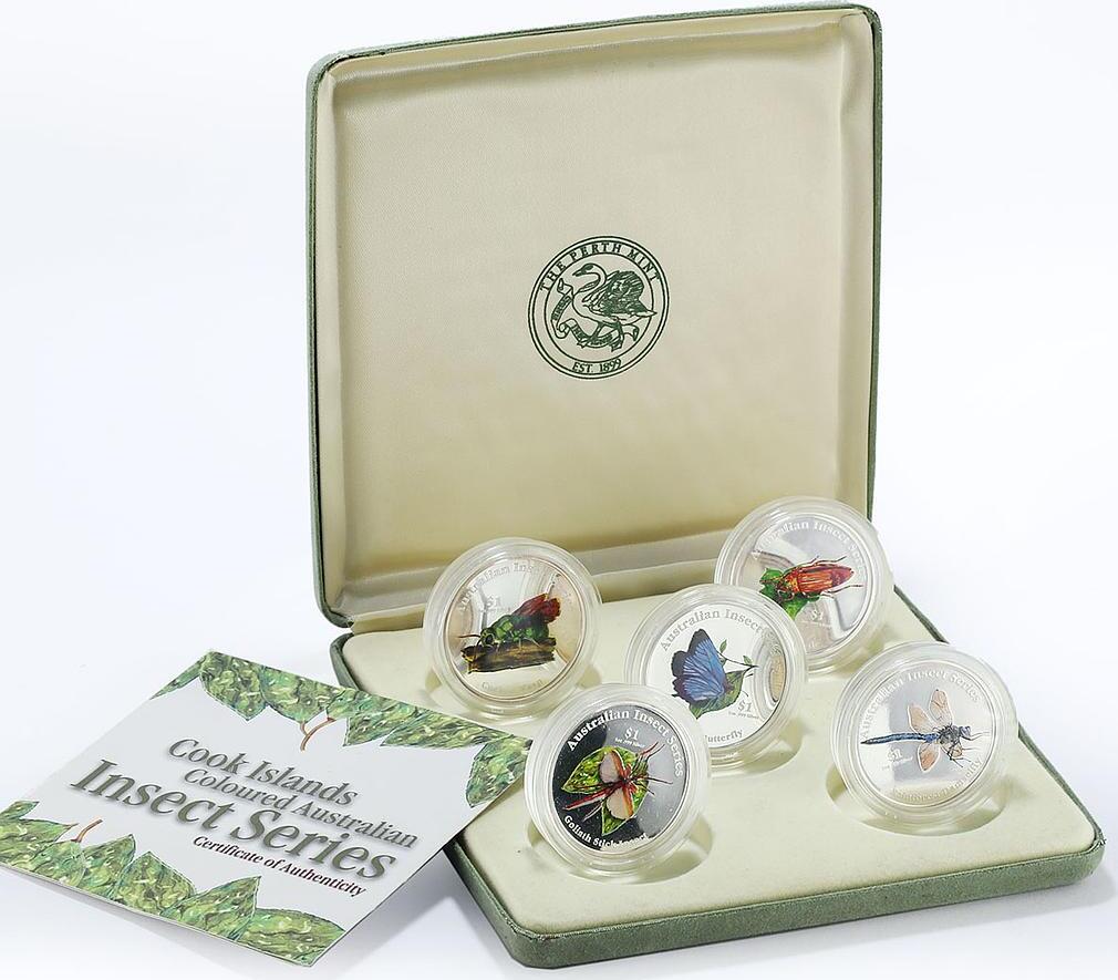 1 dollar Cook Islands set of 5 coins Australian Insect Series colored ...