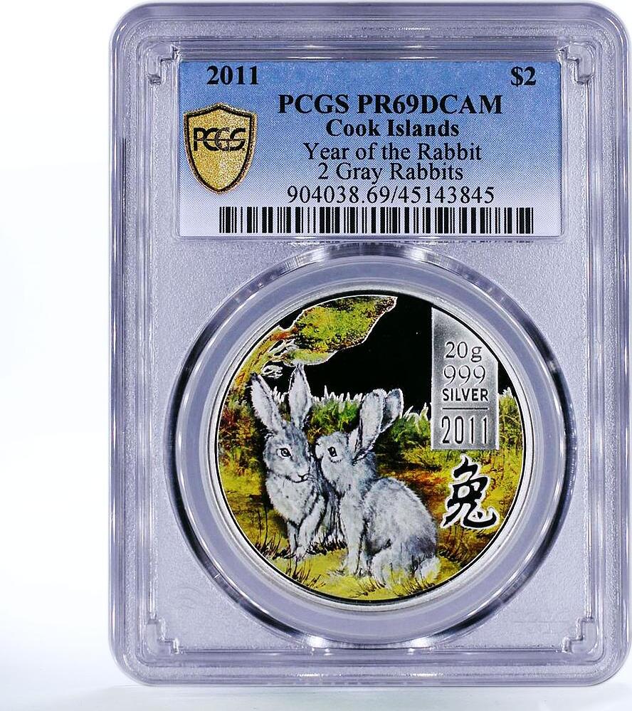 Cook Islands Cook Island 2 dollars Year of Rabbit Two Gray Rabbits PR69 ...