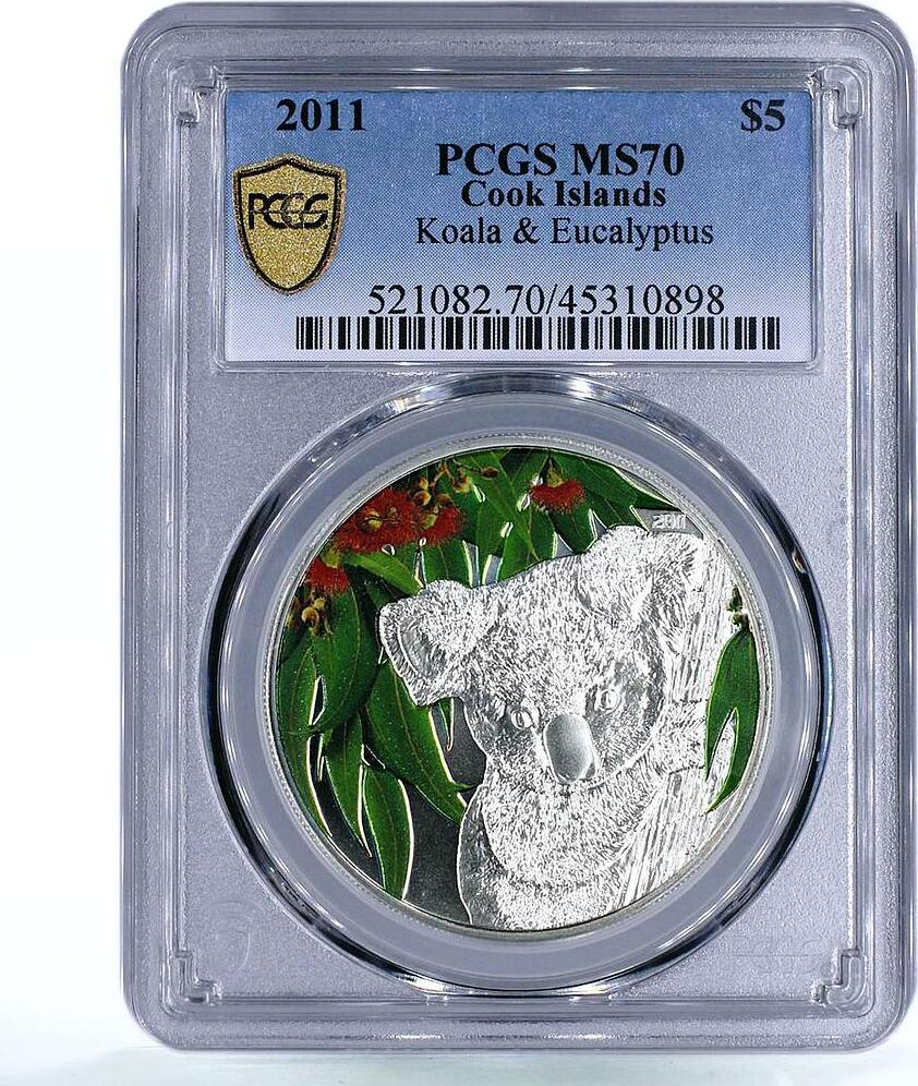 Cook Islands 5 dollars Koala Eucalyptus Fauna Flora MS70 PCGS silver ...