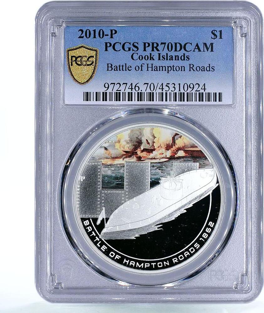 Cook Islands 1 dollar Hampton Roads Battle Monitor Ship PR70 PCGS Ag ...