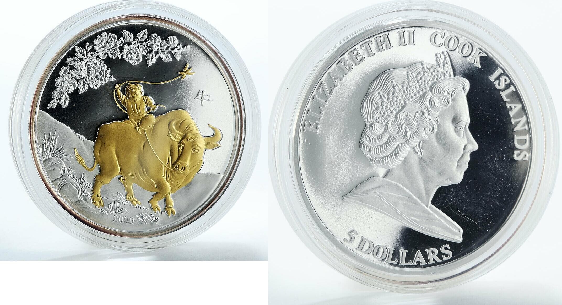 Cook Islands 5 dollars Year of Ox Lunar Calendar gilded silver coin ...