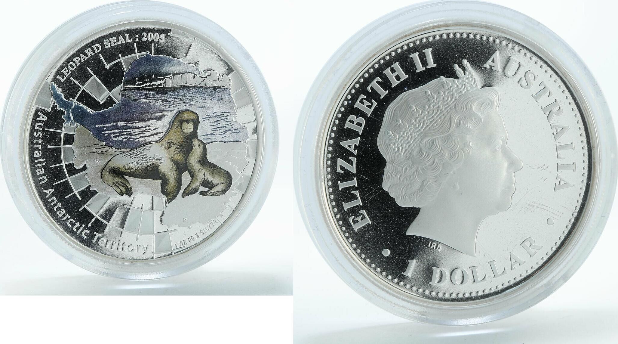Australia 1 dollar Leopard seal coloured silver coin 2005 Proof | MA-Shops
