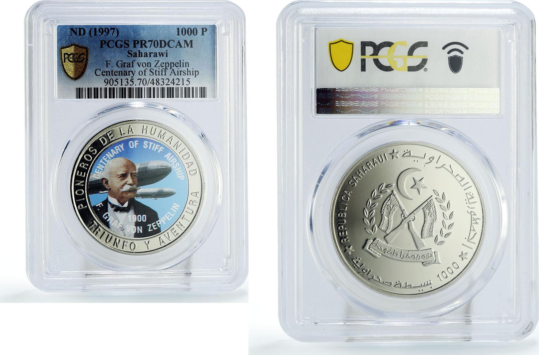 Saharawi Republic Saharawi 1000 pesetas Graf von Zeppelin Stiff Airship PR70 PCGS CuNi coin 1997 ...