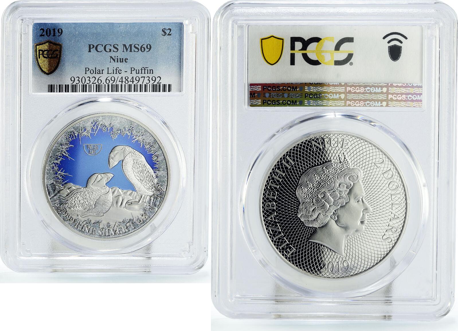Niue 2 dollars Conservation Wildlife Puffin Bird Polar Fauna MS69 PCGS ...
