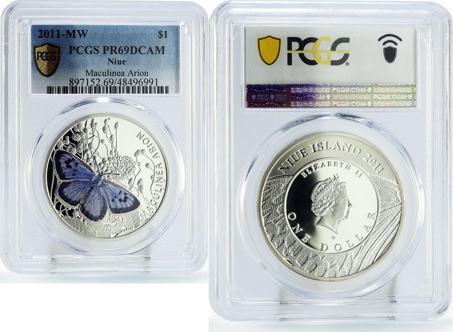 Niue 1 dollar Maculinea Arion Butterfly Fauna PR69 PCGS silver coin ...
