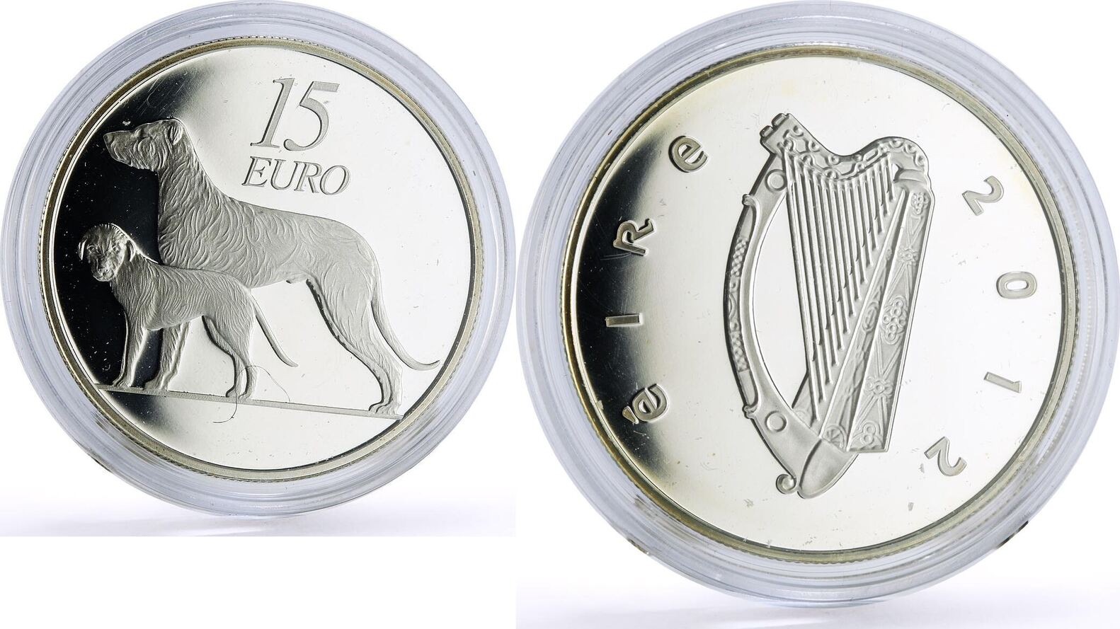 Ireland 15 euro Irish Coinage Symbols Wolfhound Dogs Animals silver ...