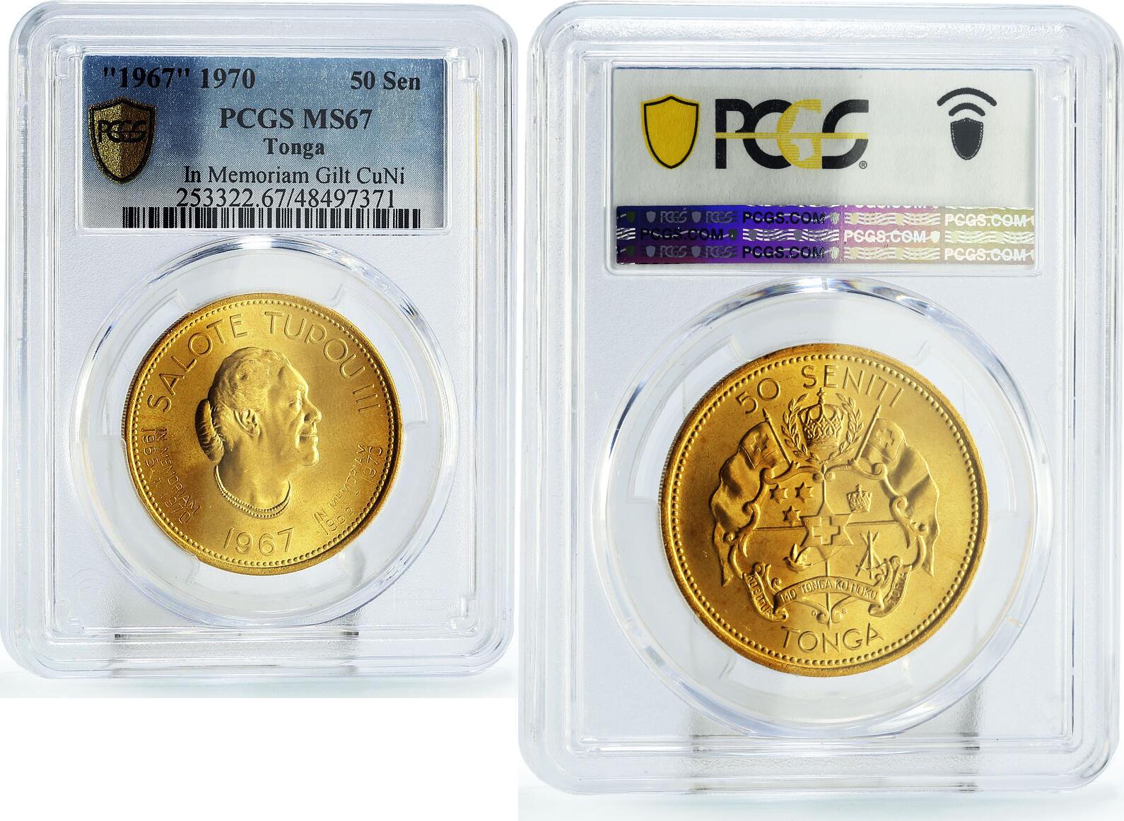 Tonga 50 seniti In Memoriam Salote Tupou III Politics MS67 PCGS gilded ...