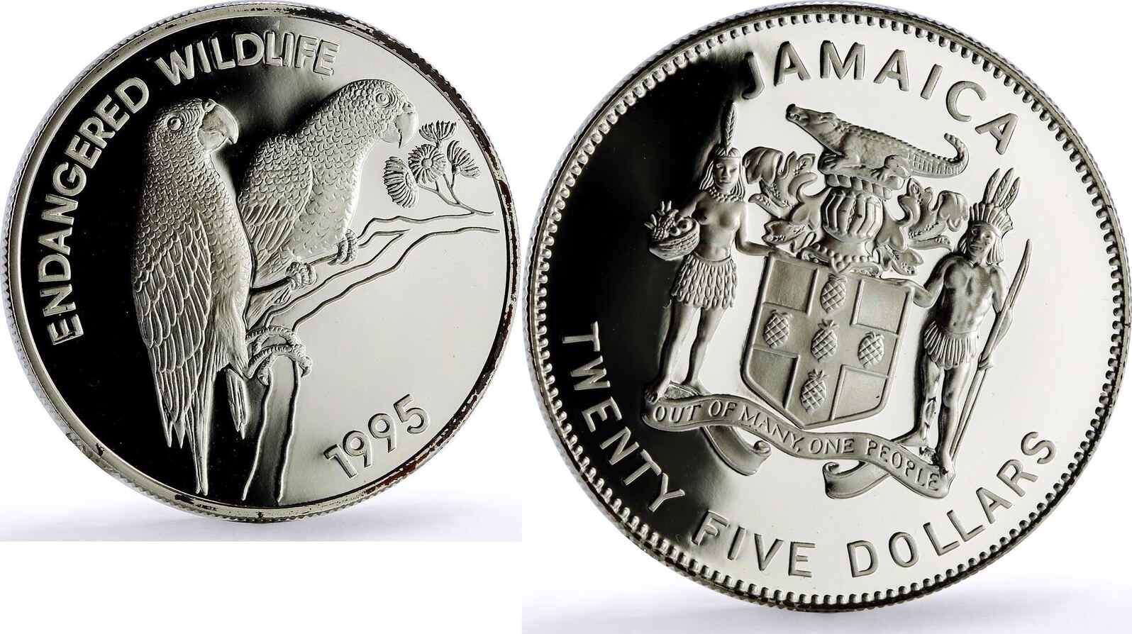Jamaica 25 dollars Conservation Wildlife Parrot Bird Fauna silver coin ...