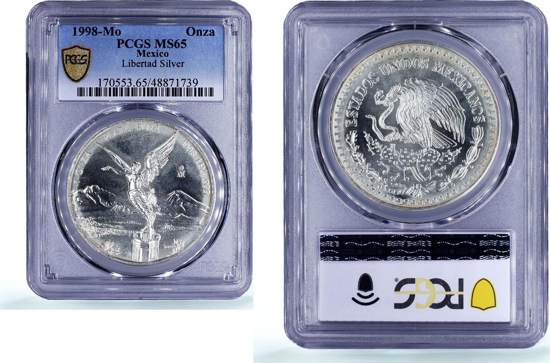 Mexico 1 onza Libertad Angel of Independence MS65 PCGS silver coin 1998 ...