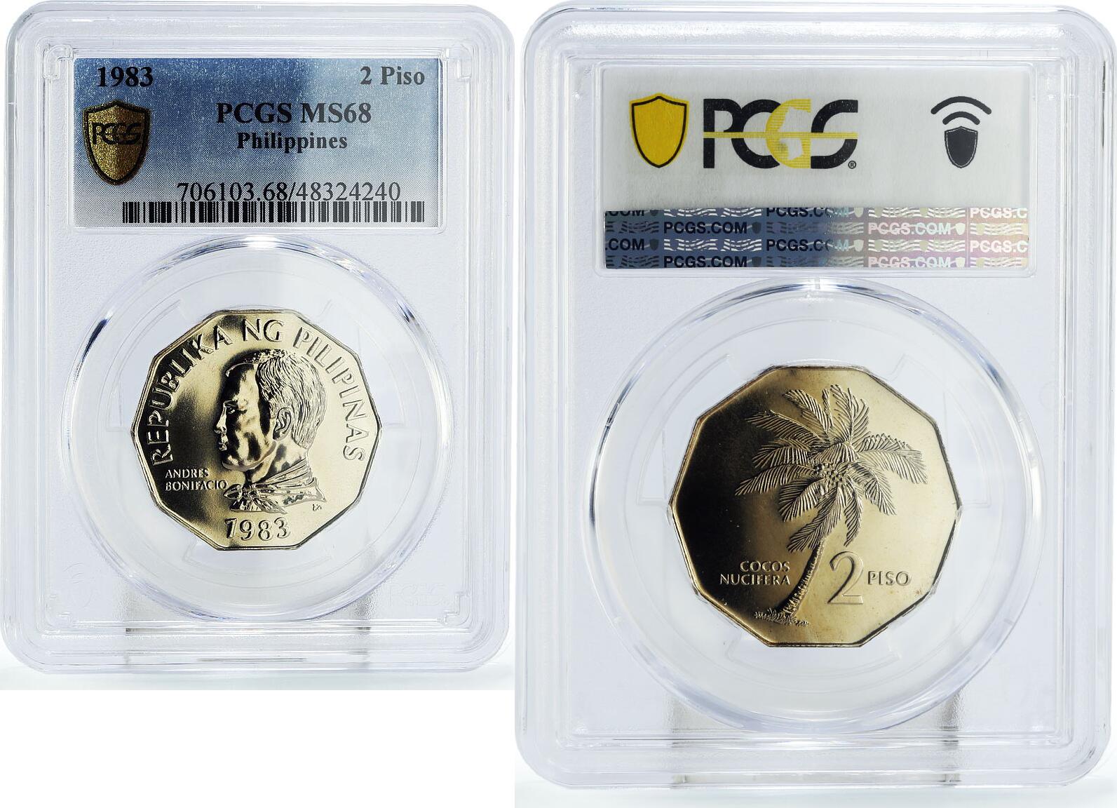Philippines 2 piso Regular Coinage Andres Bonifacio KM-244 MS68 PCGS ...