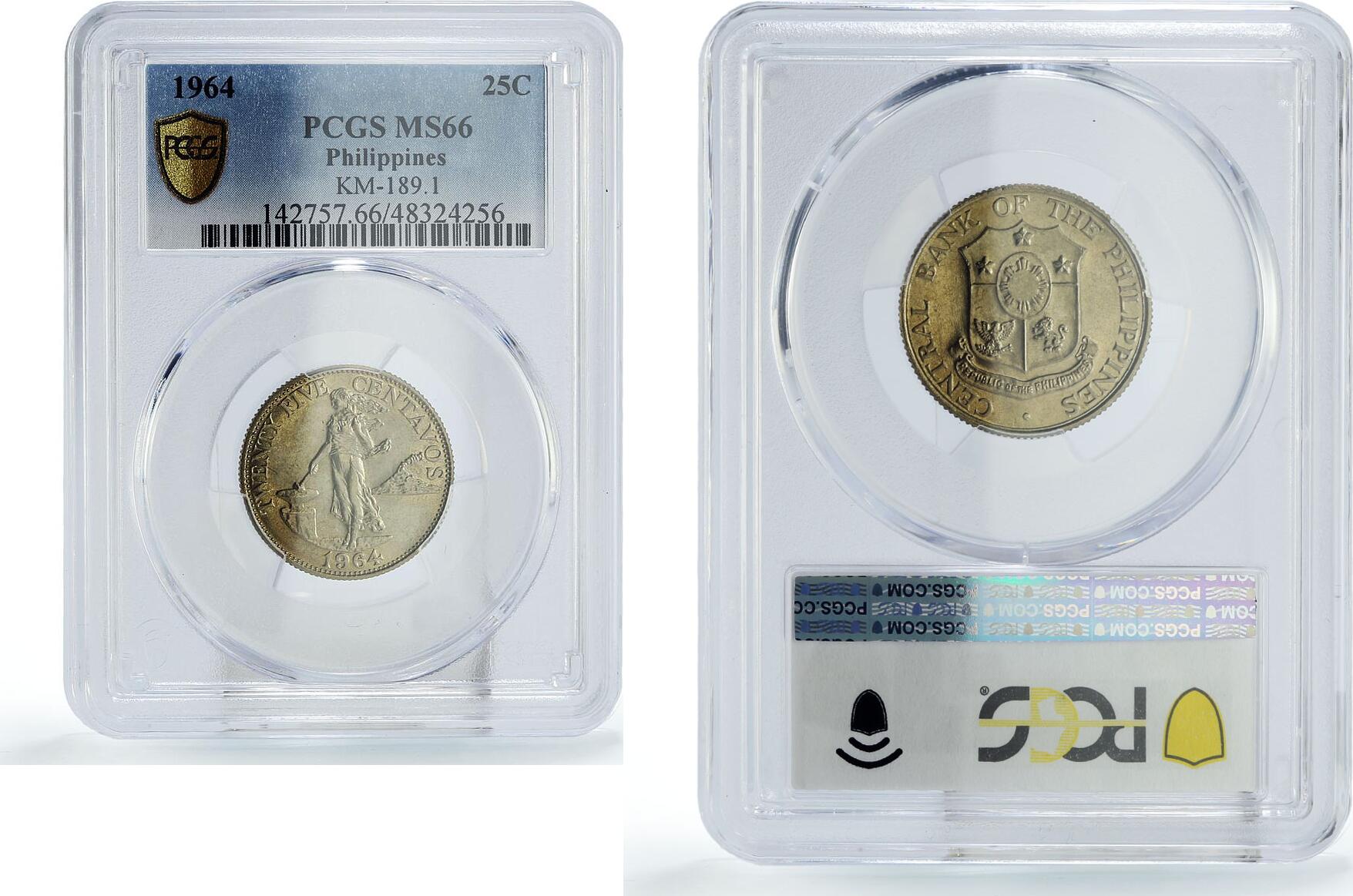 Philippines 25 centavos Regular Coinage Liberty KM-189.1 MS66 PCGS CuNi ...