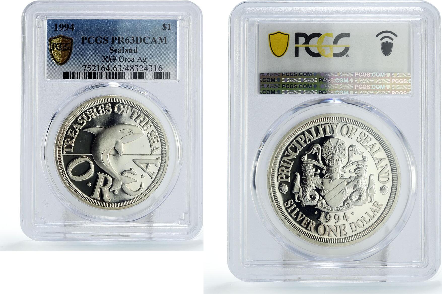 Exotic and Historic Sealand 1 dollar ORCA Whale Fauna PR63 PCGS silver ...