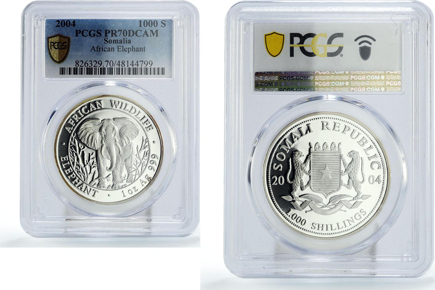 Somalia 1000 shillings African Wildlife Elephant PR70 PCGS silver coin 2004 Proof | MA-Shops