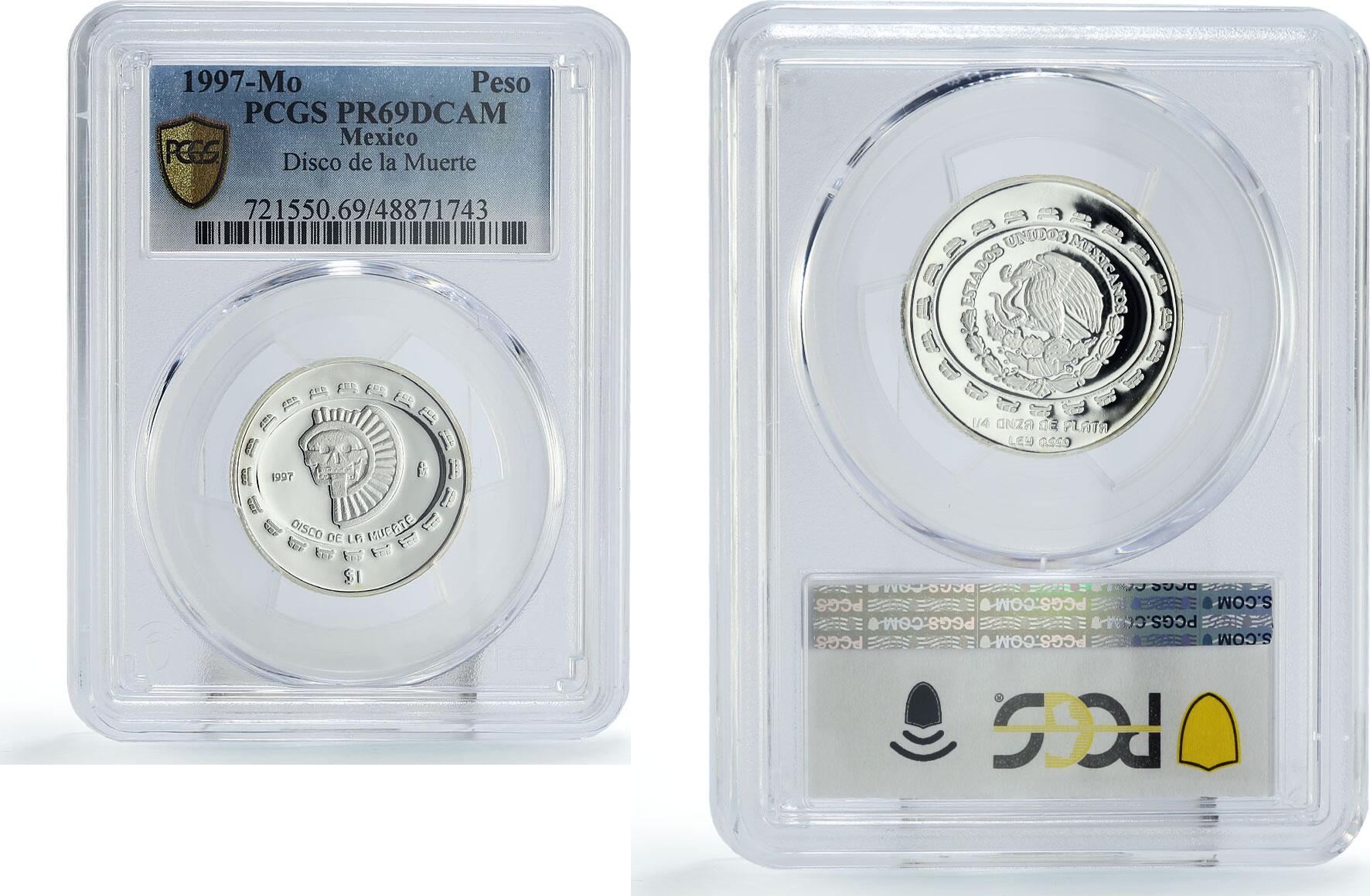 Mexico 1 peso Precolombina Disco Muerte Death Disc PR69 PCGS silver ...