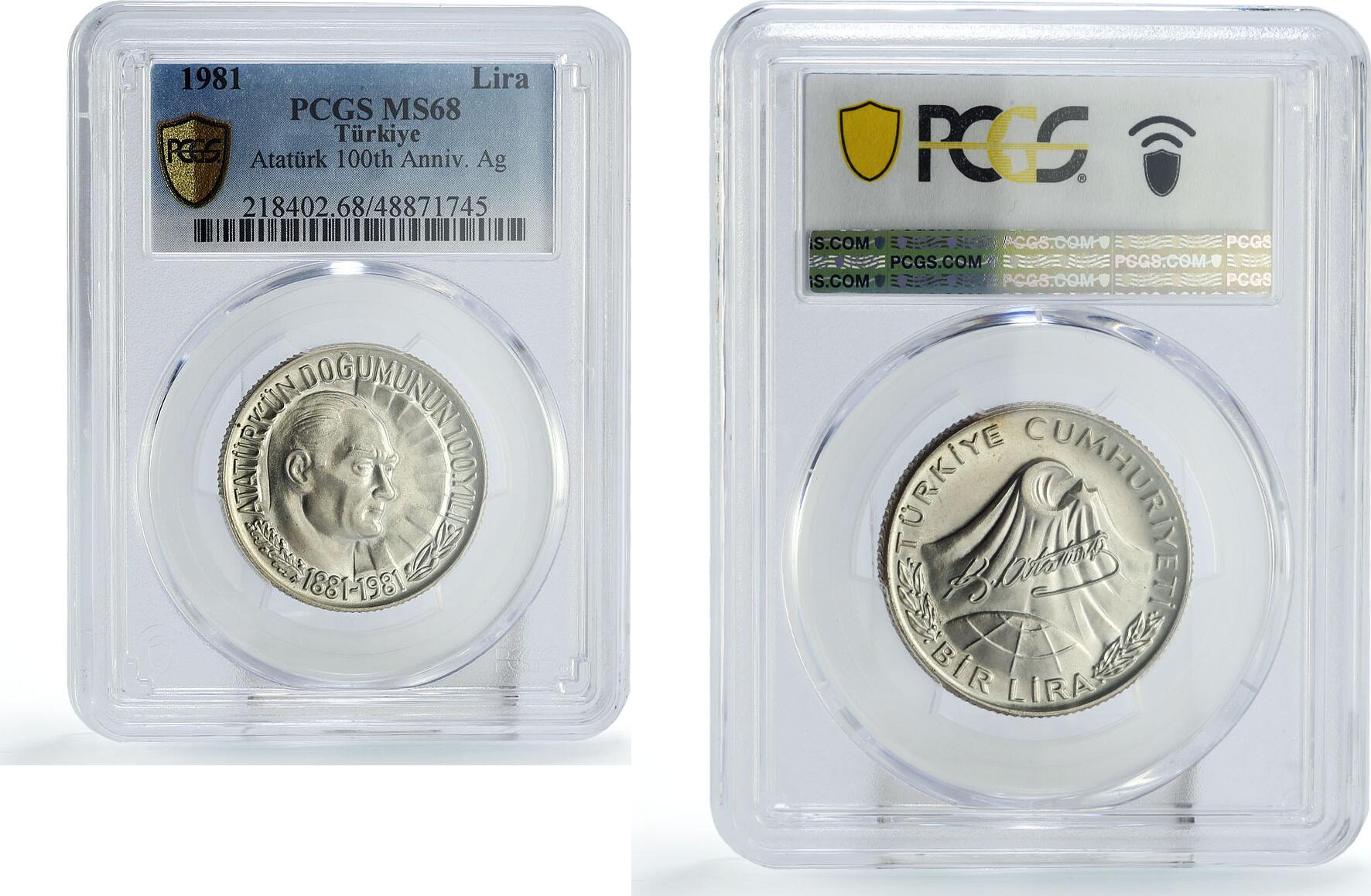 Turkey 1 lira Kemal Ataturk 100th Birth Politics MS68 PCGS silver coin 1981 UNC | MA-Shops