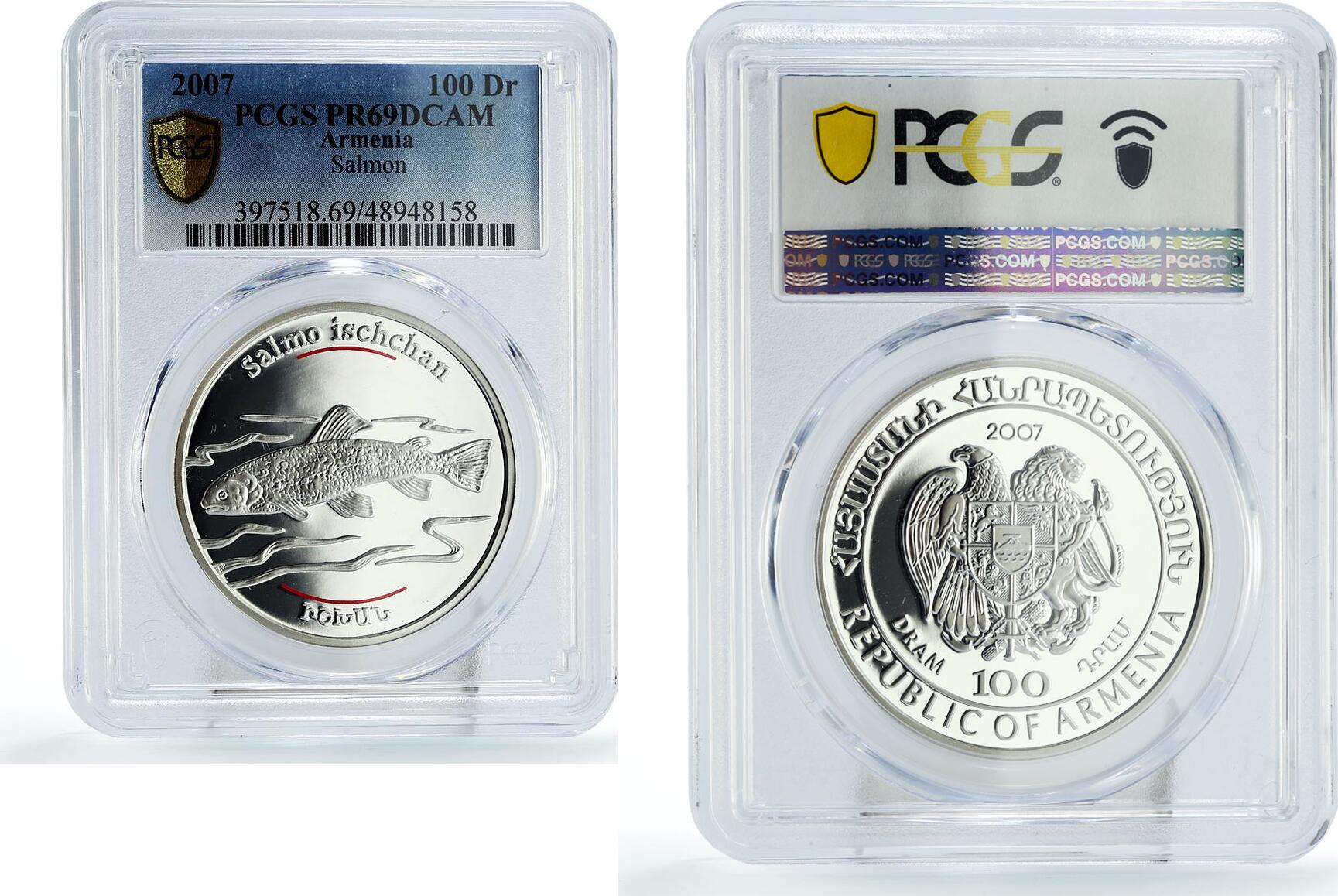 Armenia 100 dram Conservation Red Book Salmon Fish Fauna PR69 PCGS ...