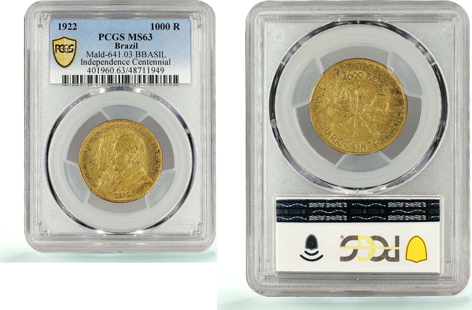 Brazil 1000 reis Independence BBASIL Error KM-522.1 MS63 PCGS AlBronze coin 1922 UNC | MA-Shops