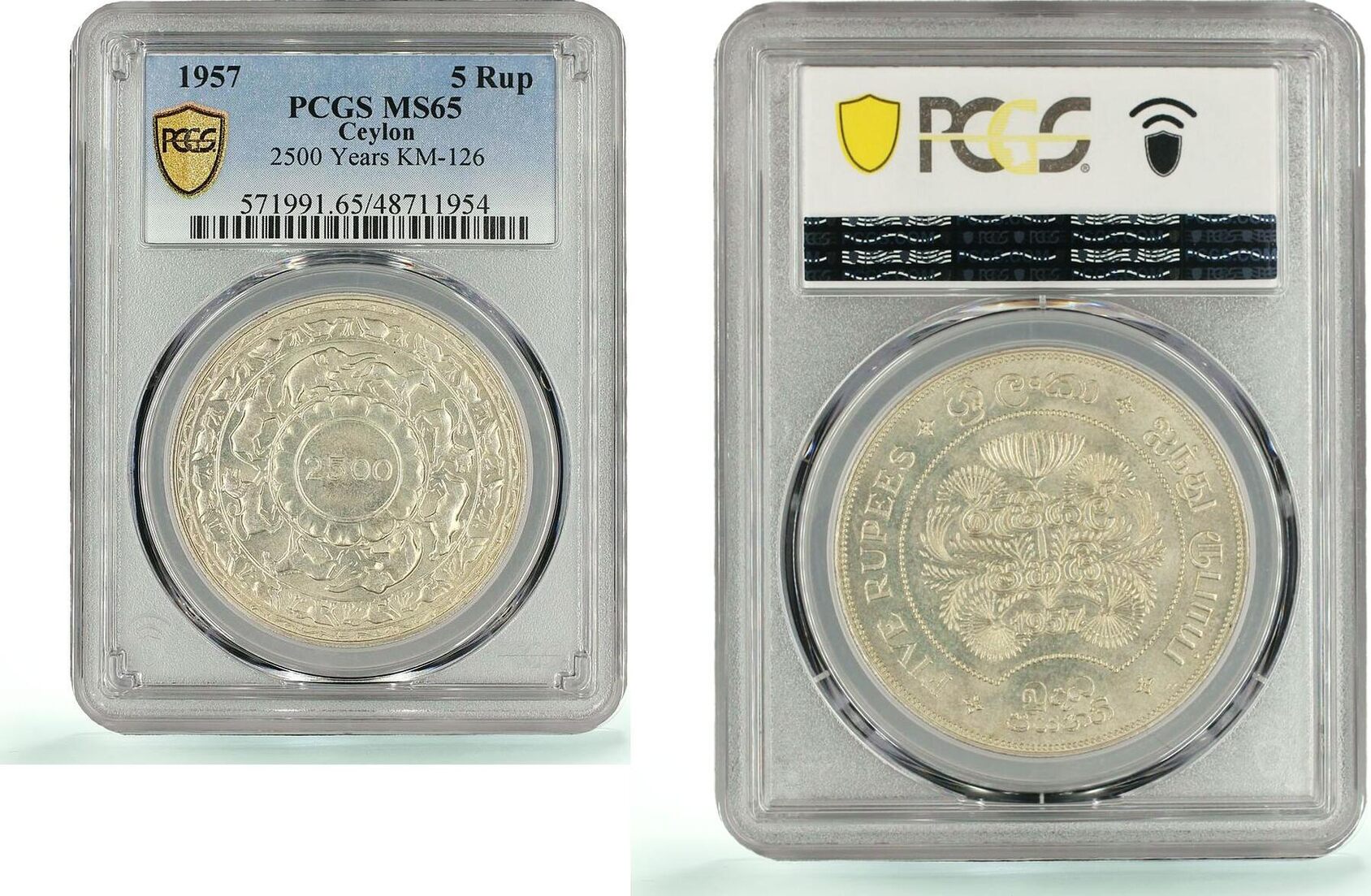 Sri Lanka Ceylon 5 rupees Buddhism 2500 Years Animals MS65 PCGS silver coin 1957 UNC | MA-Shops