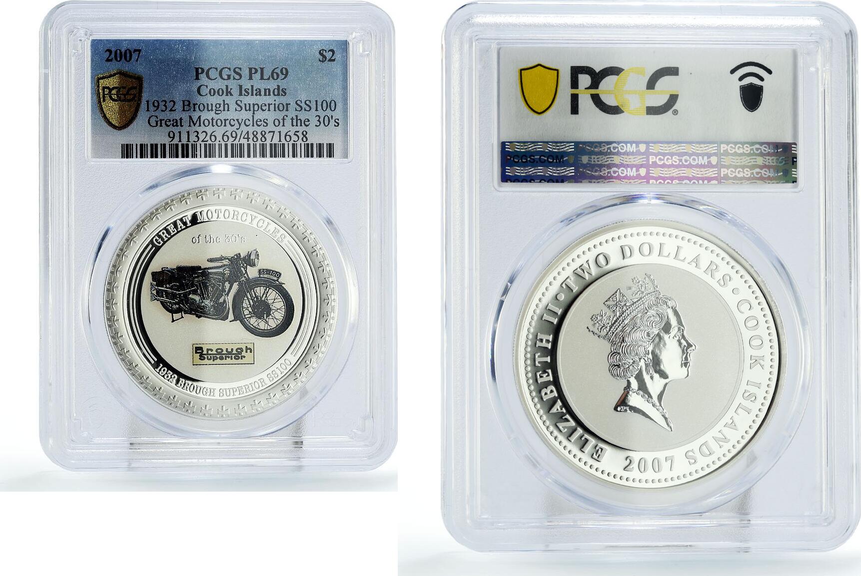 Cook Islands 2 dollars Motorcycles Motorbikes Brough PL69 PCGS silver ...