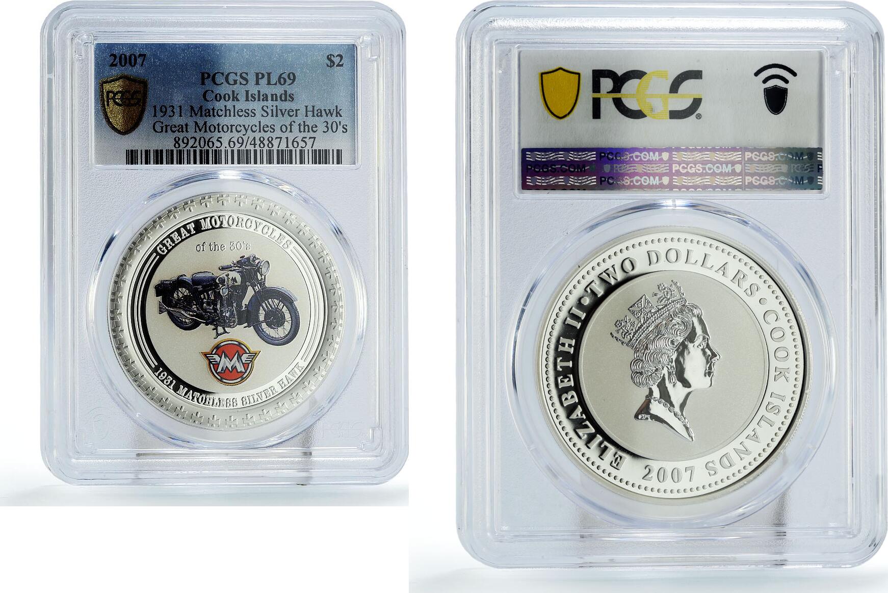 Cook Islands 2 dollars Motorcycles Motorbikes Hawk PL69 PCGS silver ...