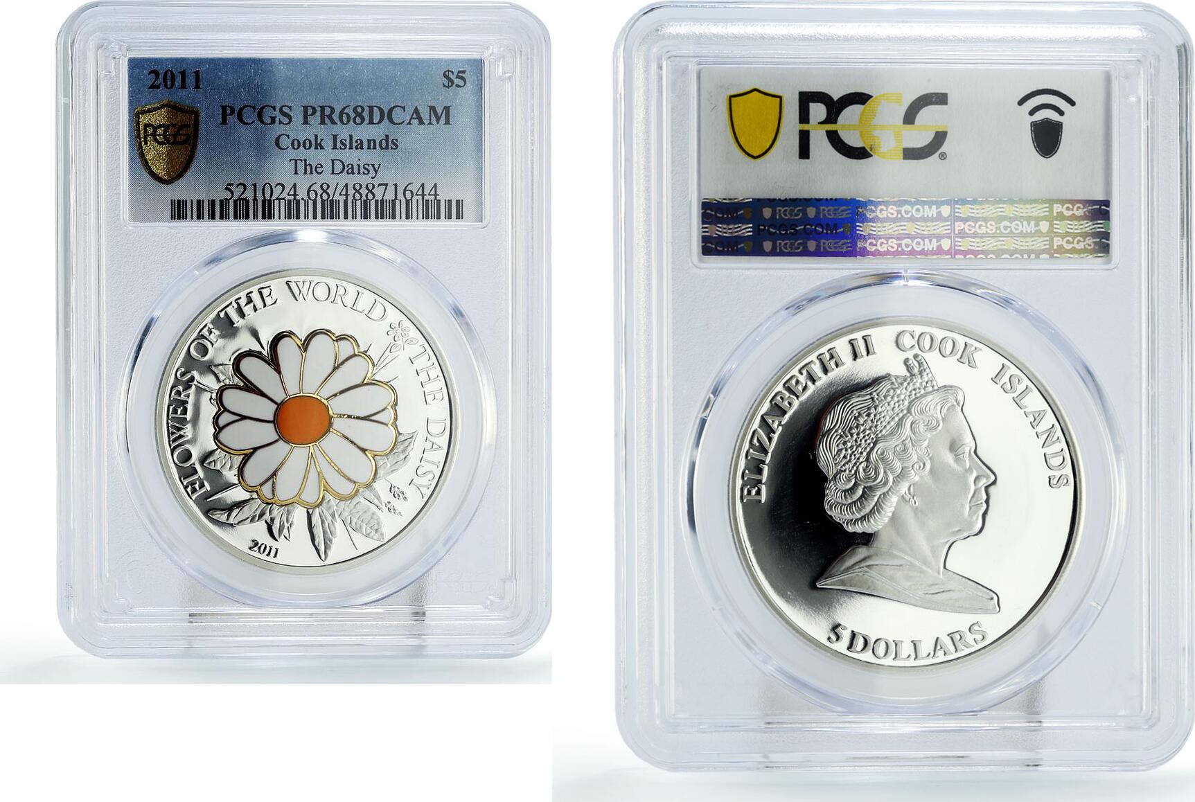 Cook Islands 5 dollars World Flowers Daisy Flora PR68 PCGS silver coin ...