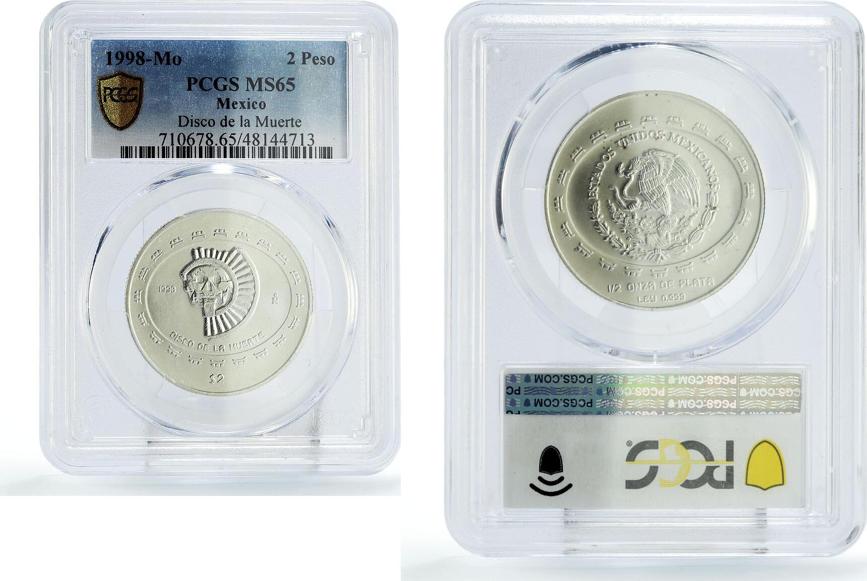 Mexico 2 pesos Precolombina Disco Muerte Death Disc MS65 PCGS silver ...