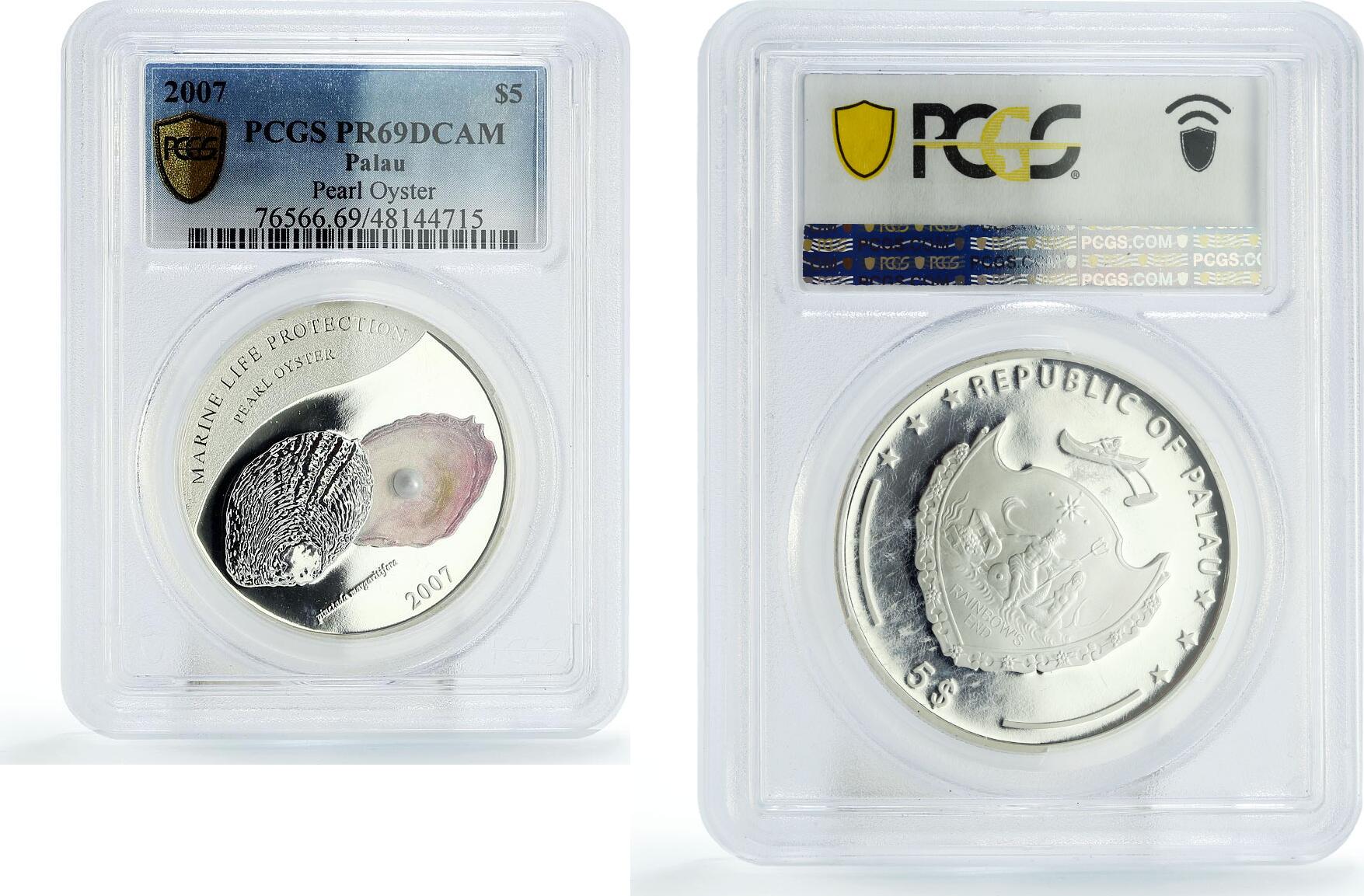 Palau 5 dollars Marine Life Pearl Oyster Pink Shell PR69 PCGS silver ...