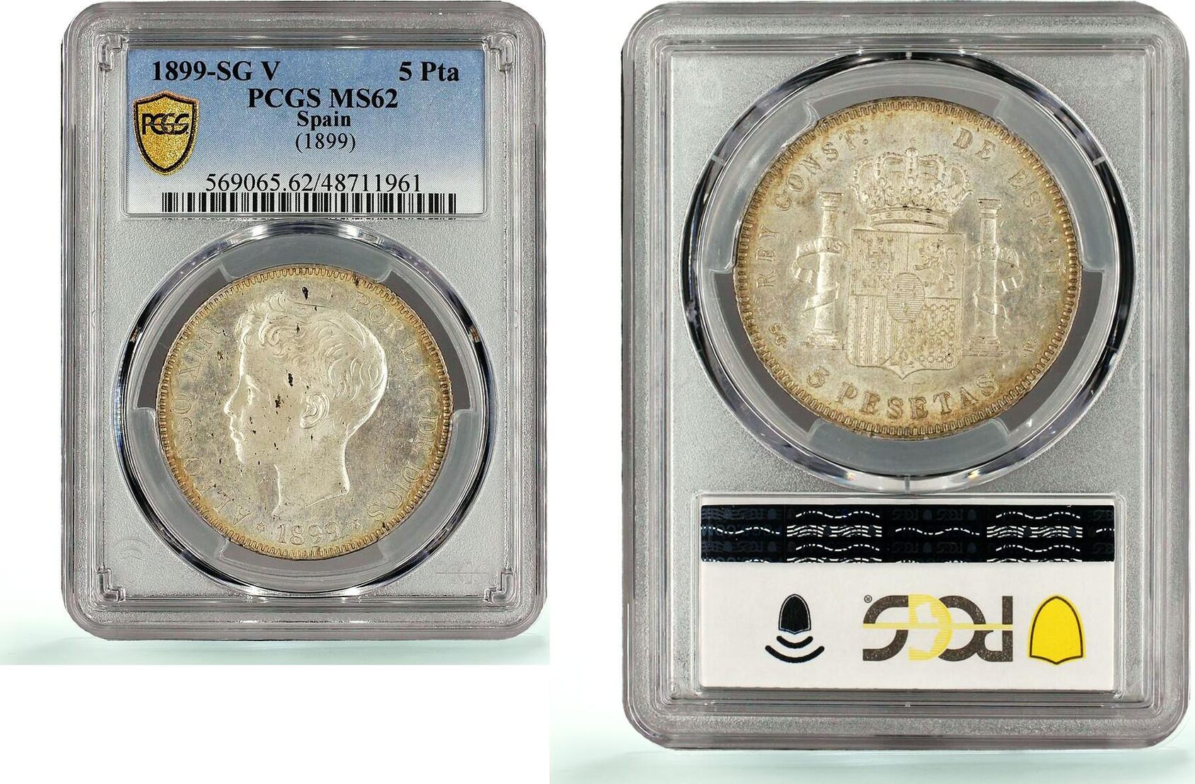 Spain 5 pesetas Regular Coinage Child Alfonso KM-707 MS62 PCGS silver coin 1899 UNC | MA-Shops