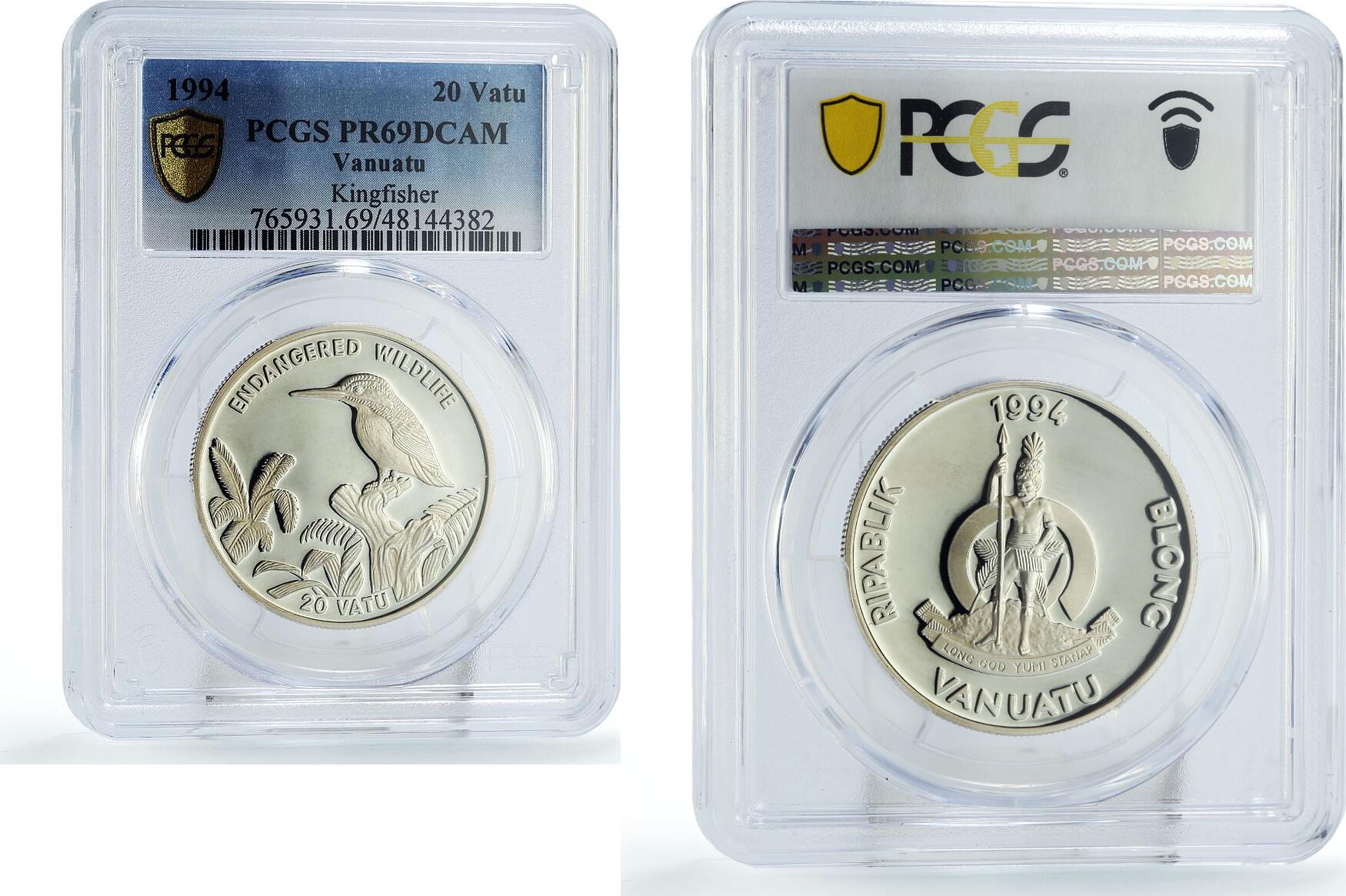 Vanuatu 20 vatu Conservation Wildlife Kingfisher Bird PR69 PCGS silver ...