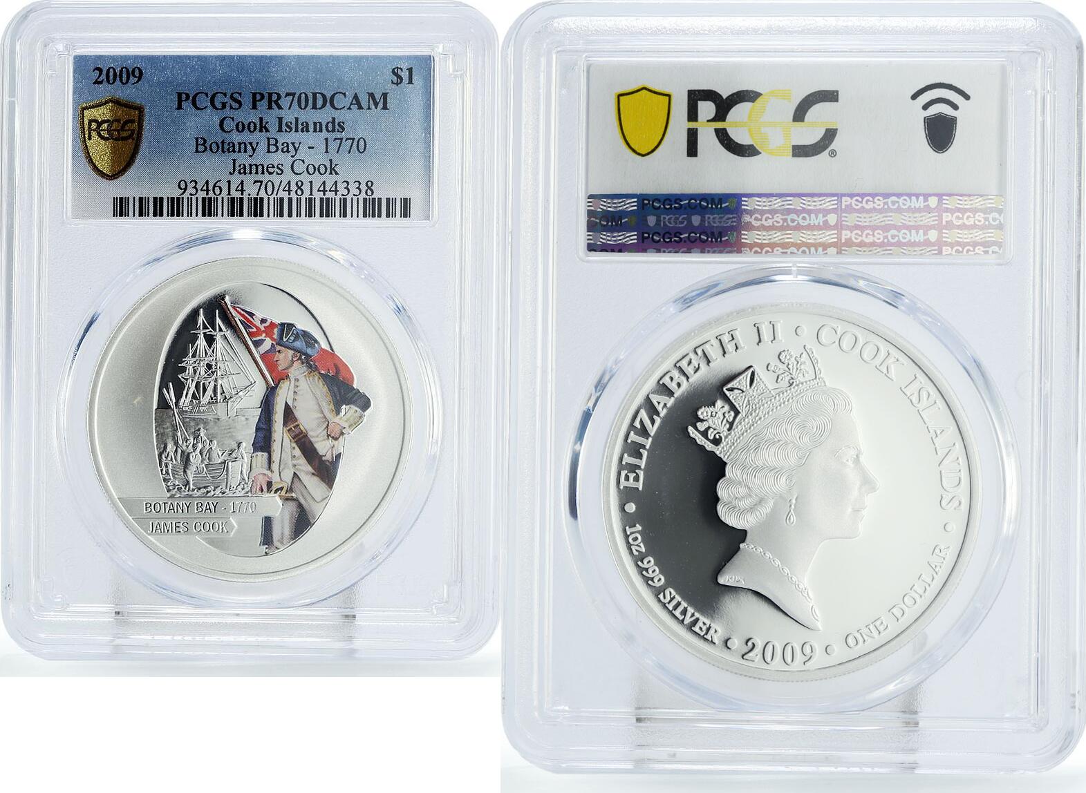 Cook Islands 1 dollar James Cook Botany Bay Ship PR70 PCGS silver coin ...