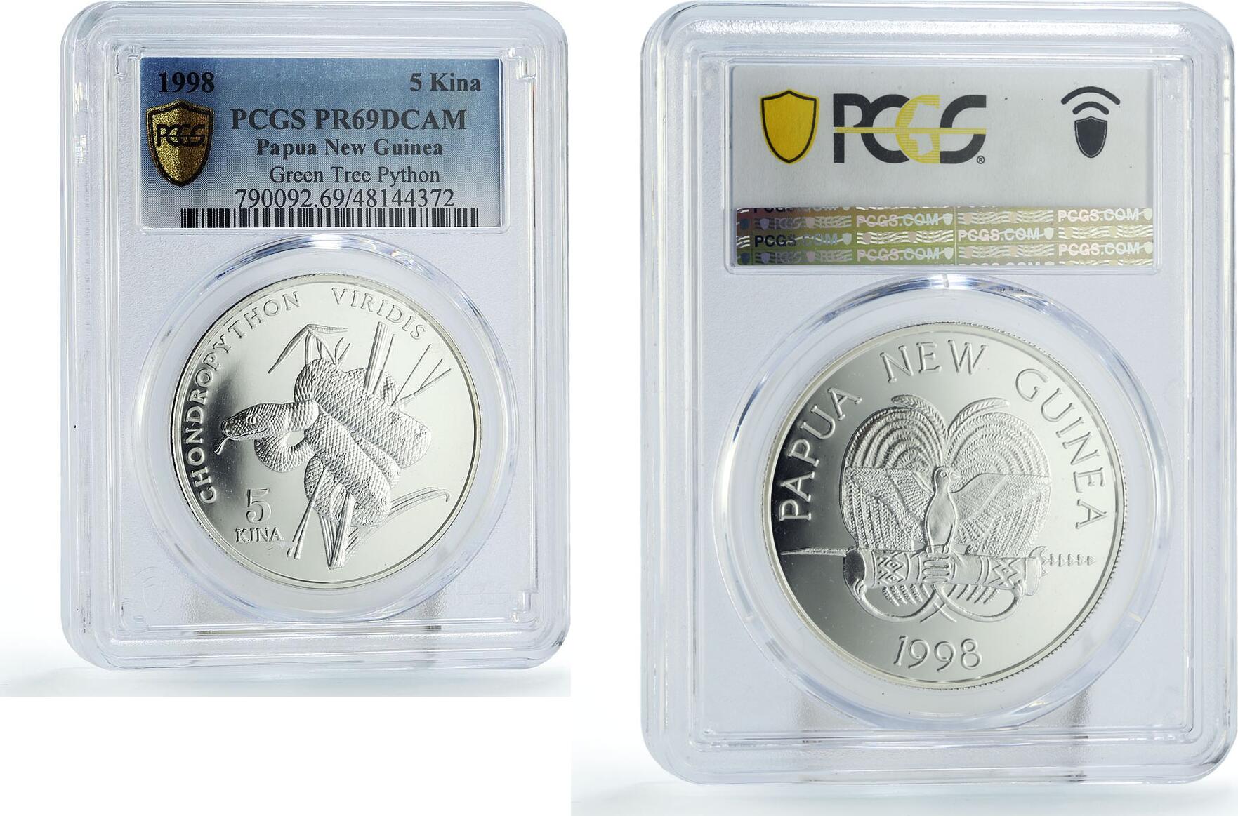 Papua New Guinea 5 kina Conservation Python Snake Fauna PR69 PCGS Ag ...