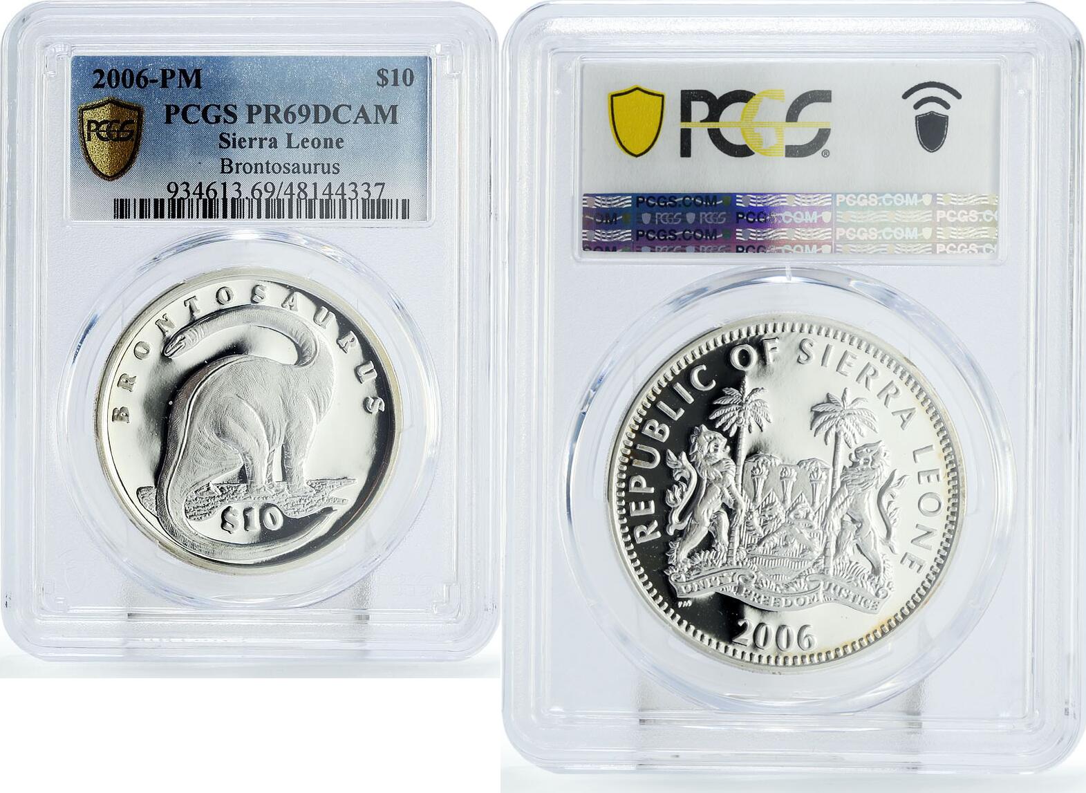 Sierra Leone 10 dollars Brontosaurus Dinosaurs Fauna PR69 PCGS silver ...