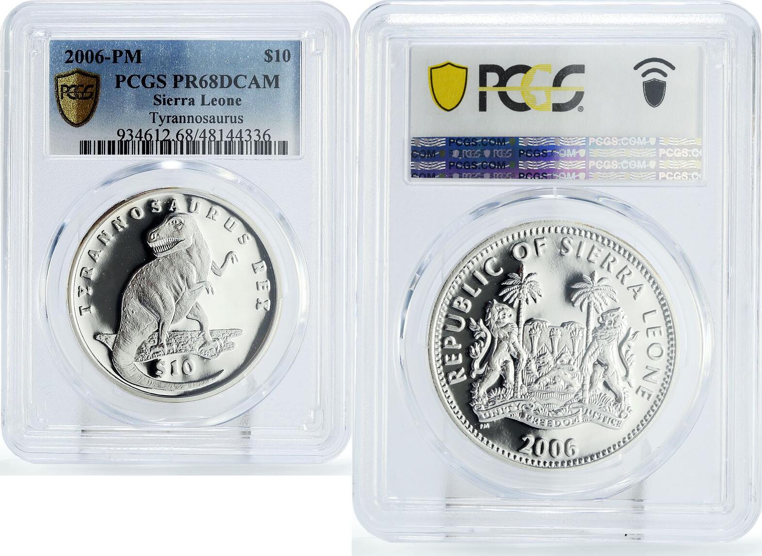 Sierra Leone 10 dollars Tyrannosaurus Dinosaurs Fauna PR68 PCGS silver ...